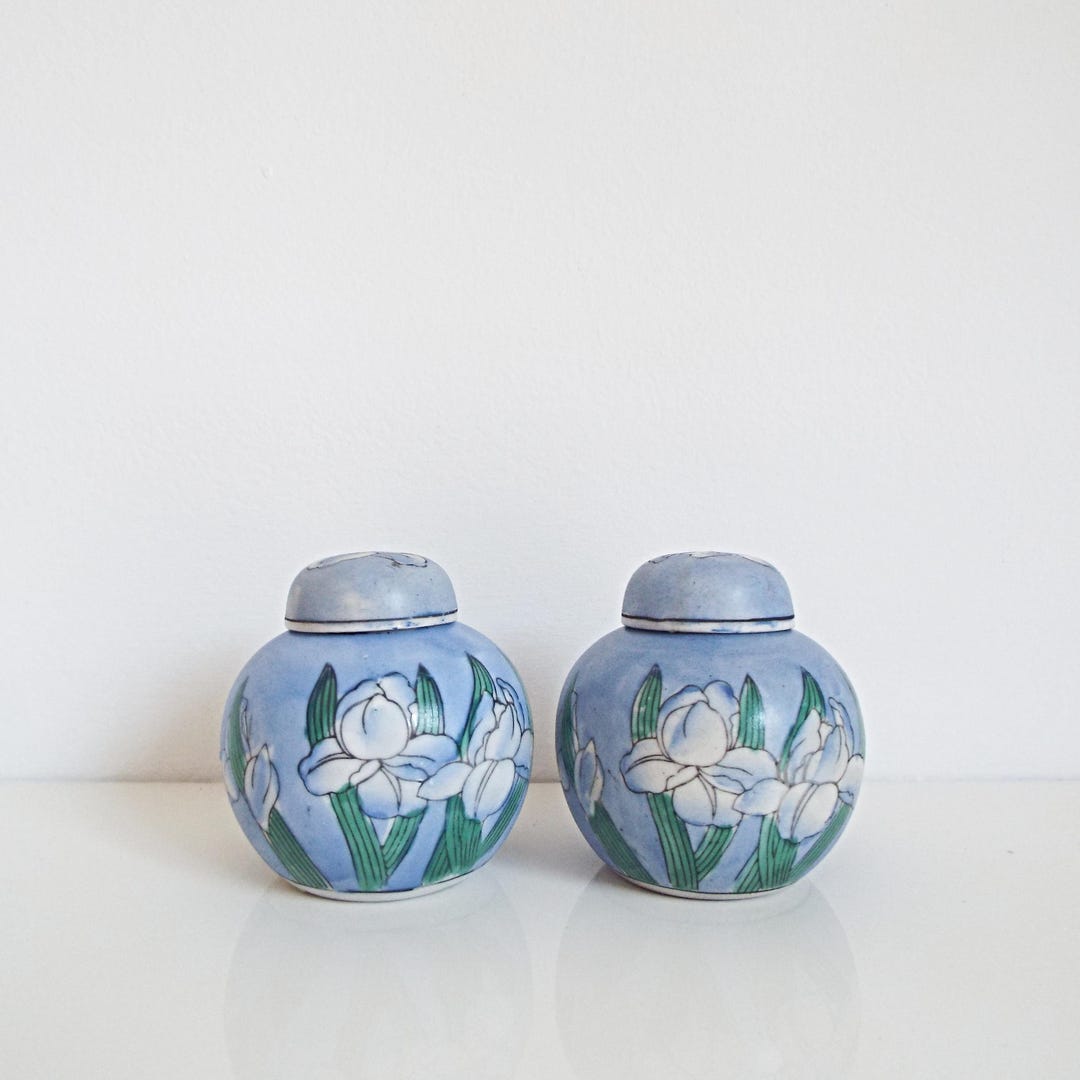 Vintage Ginger Jars, 2 Small Ginger Pots, Hand Painted, Blue & White ...
