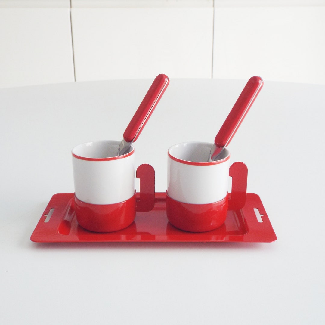 Vintage Set '80s Espresso Cups and Red Cup Holders Small Red Metal Tray ...