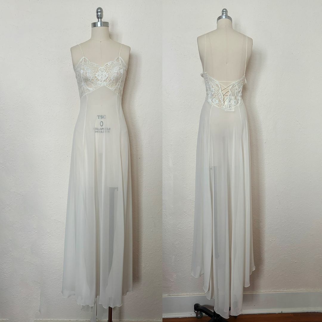 NWT 2000s White Georgette and Lace Nightgown by Jane Woolrich, Extra ...