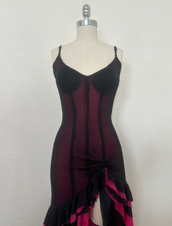 2000s Pink & Black Ruffled Mesh Dress, Small to Mediu… - Gem