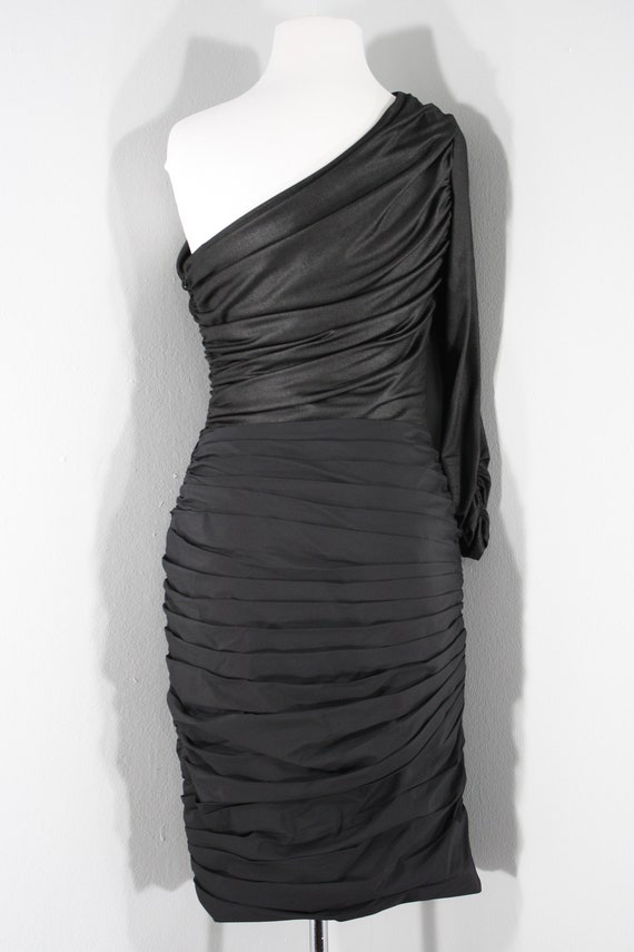 1990s Tadashi Black One Shoulder Cocktail Dress Smal… Gem