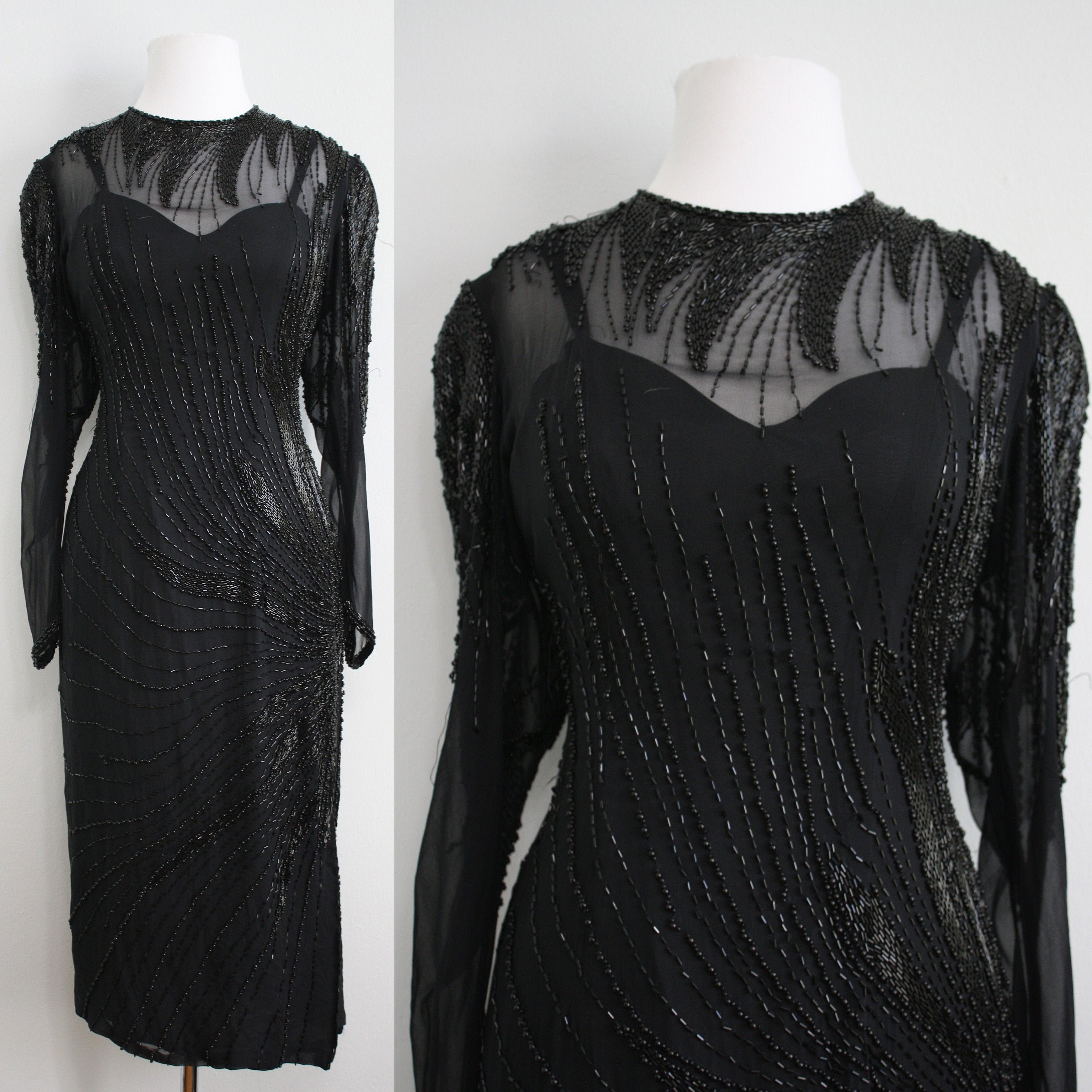1980s Black Beaded Cocktail Dress By Jk Laing Medium To Large Etsy