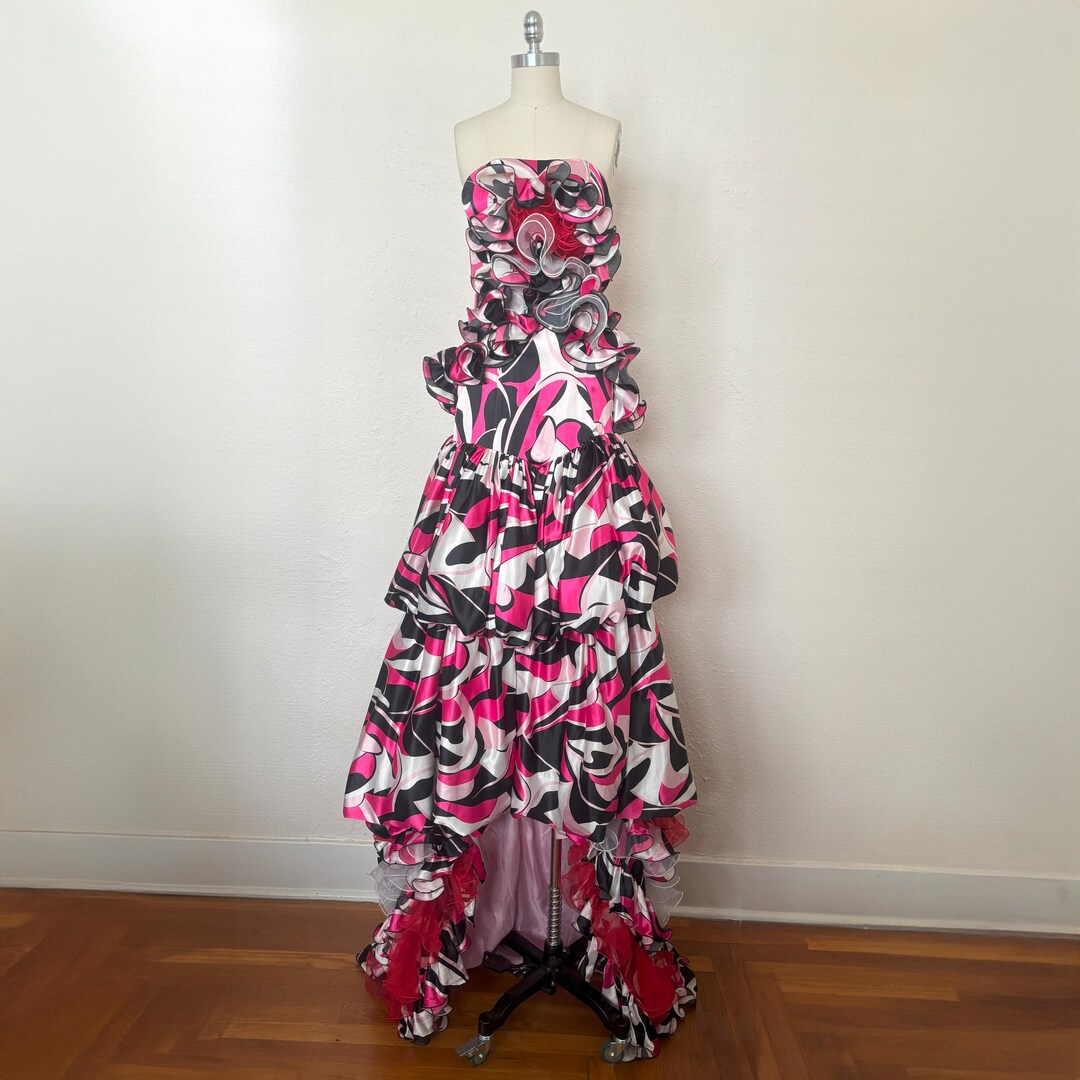 2000s Pink & Black Satin Ruffled Prom Dress, Extra Small to Small | Y2K ...