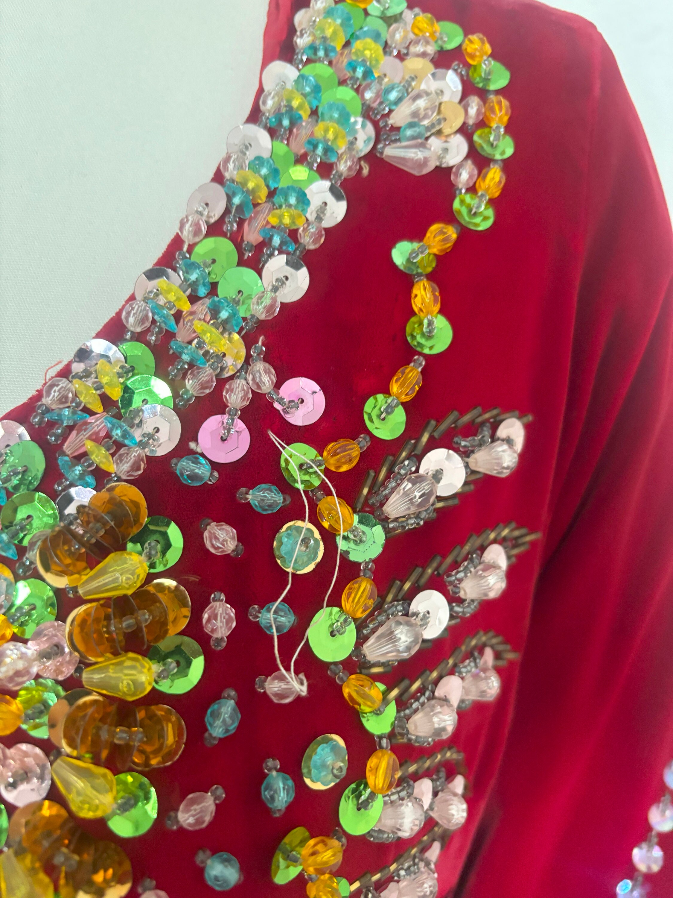 1960s Red Velvet Beaded Caftan, Small to Medium 60s Sequin Costume ...