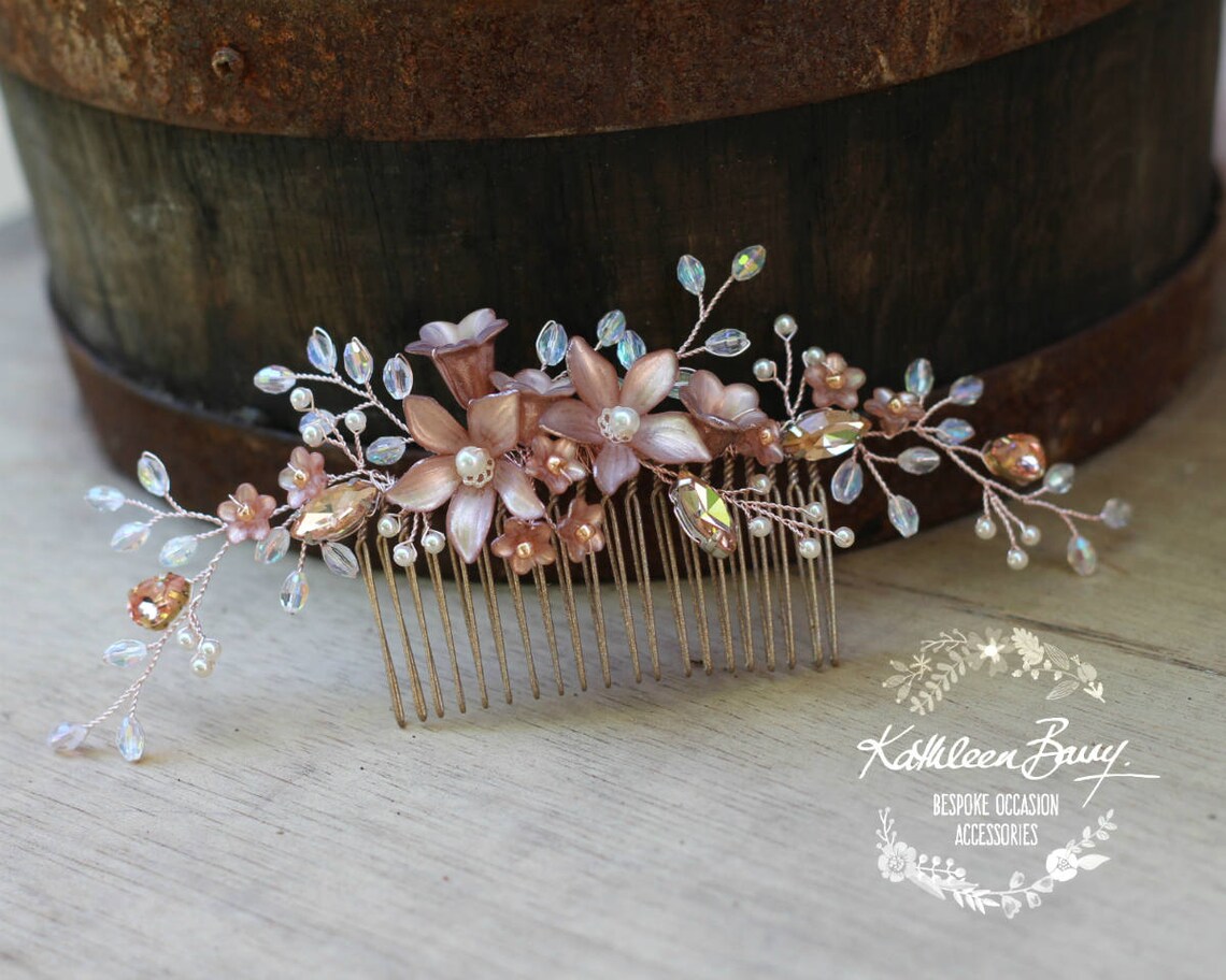 Bridal Hair Delicate Floral Spray Crystal, Pearl & Rhinestone Comb ...