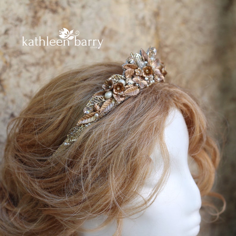 Golden Bronze Wedding Crown Bridal Tiara Fleaf and Flower - Etsy