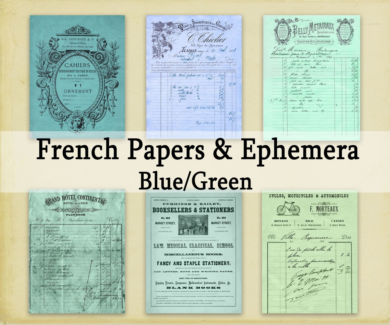 French Papers and Ephemera Blue & Green Digital Download - Etsy
