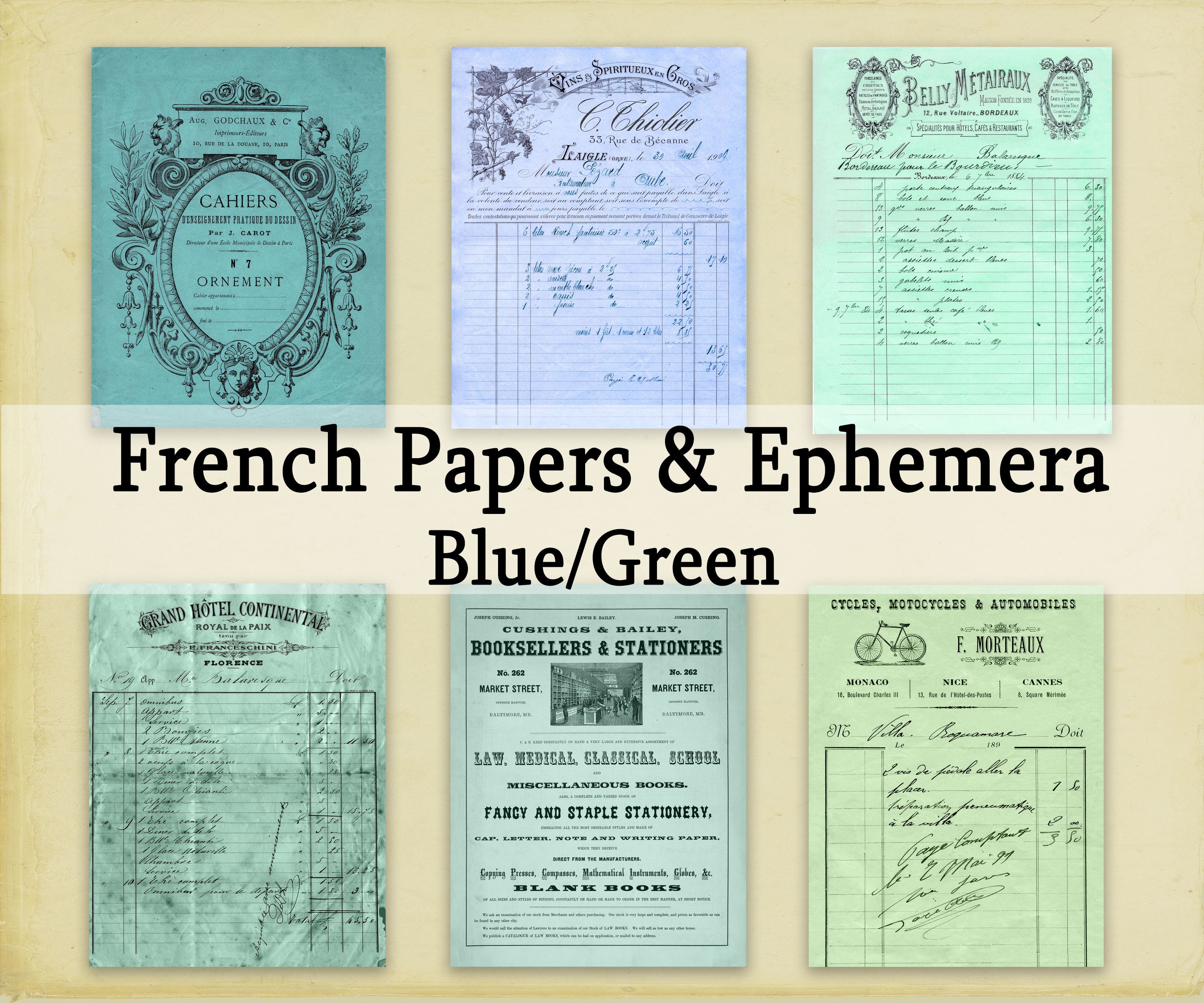 French Papers and Ephemera Blue & Green Digital Download - Etsy