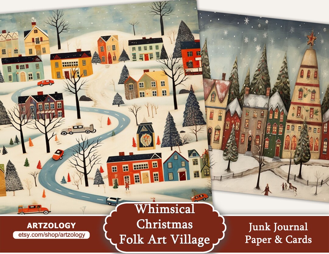 Whimsical Christmas Village Folk Art Paper and Large Journal Cards, No ...