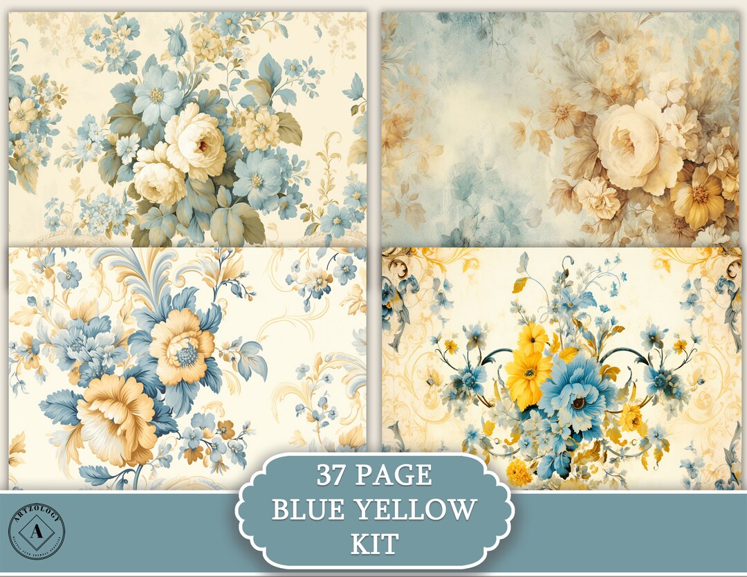 37 Pg Blue Yellow Kit, Digital Paper, Decorative Paper, Junk Journal ...