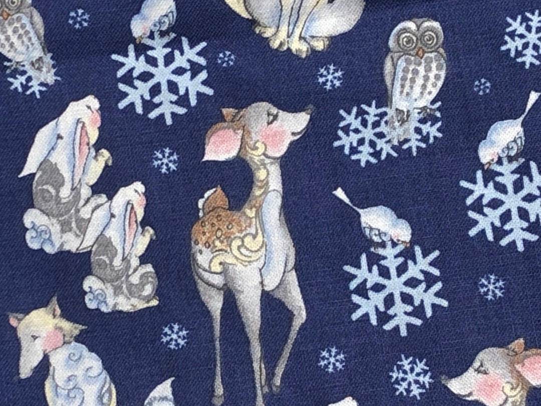 Baby Rabbit and Fawn in Forest Blue Cotton Fabric 18” X 21” Fat Quarter ...