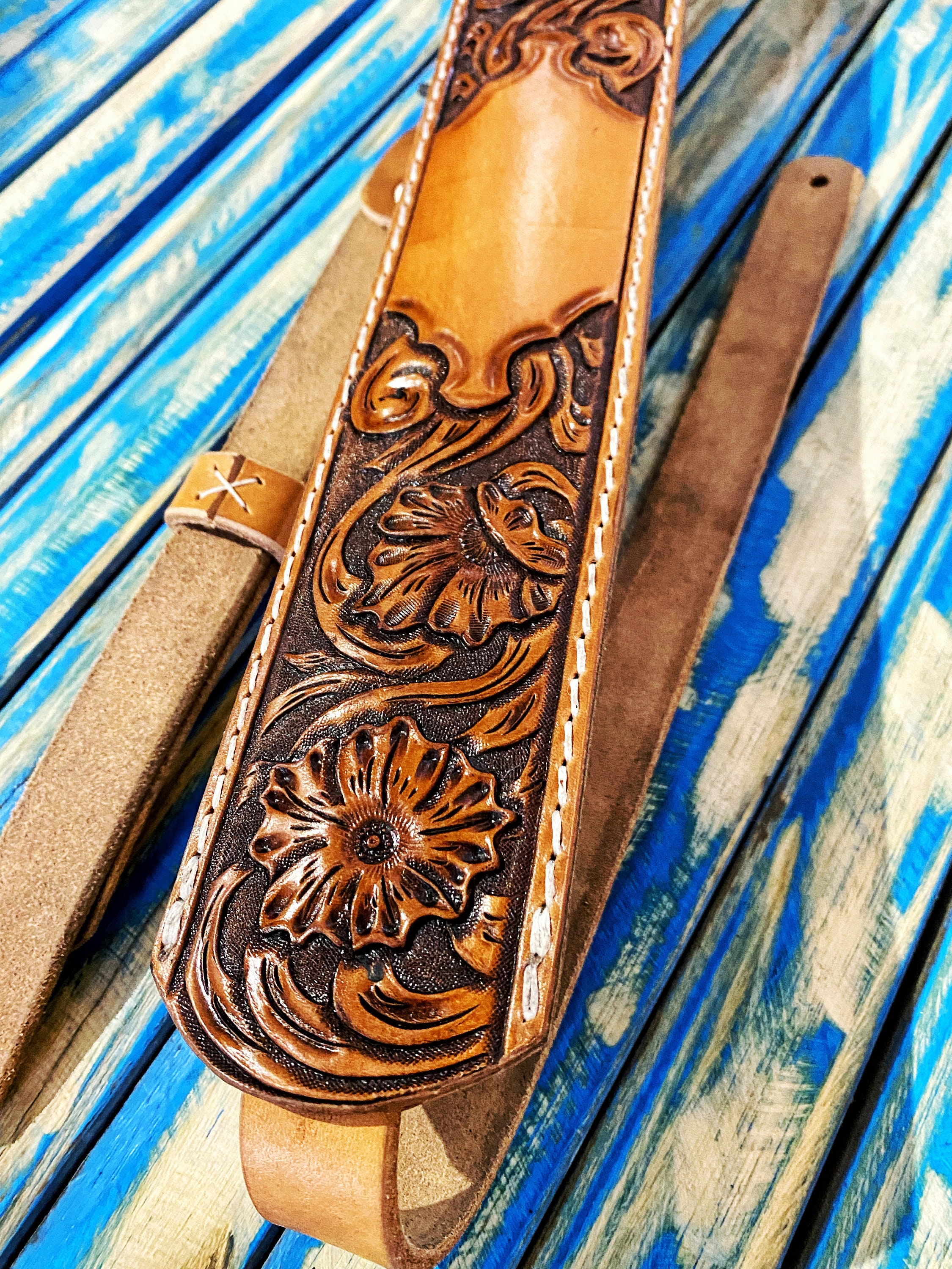Personalised Leather Guitar Strap, Stitched Border, Guitar Strap, Gift ...