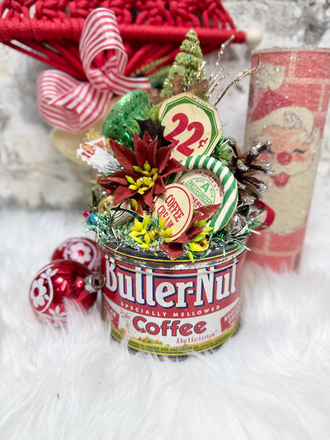 Vintage Christmas Butternut Coffee Tin Shiny Brite Bottle Brush Tree ...