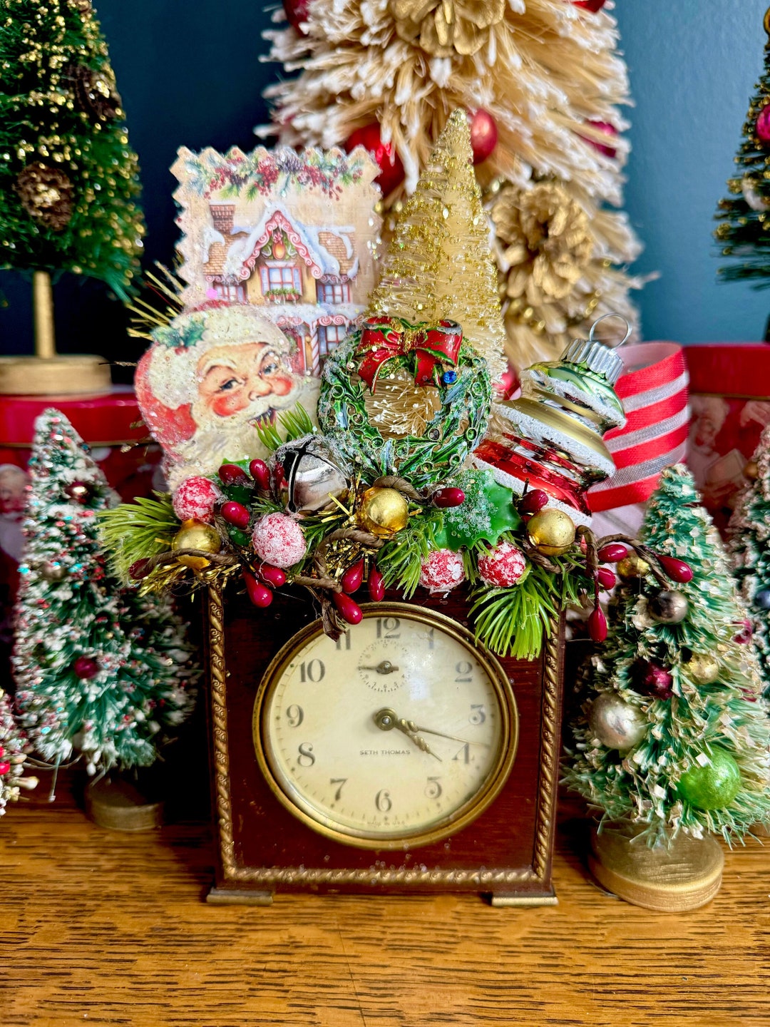 Christmas Vintage Antique Seth Thomas Alarm Clock Decor Decoration Bottle Brush Tree Shiny Brite ...