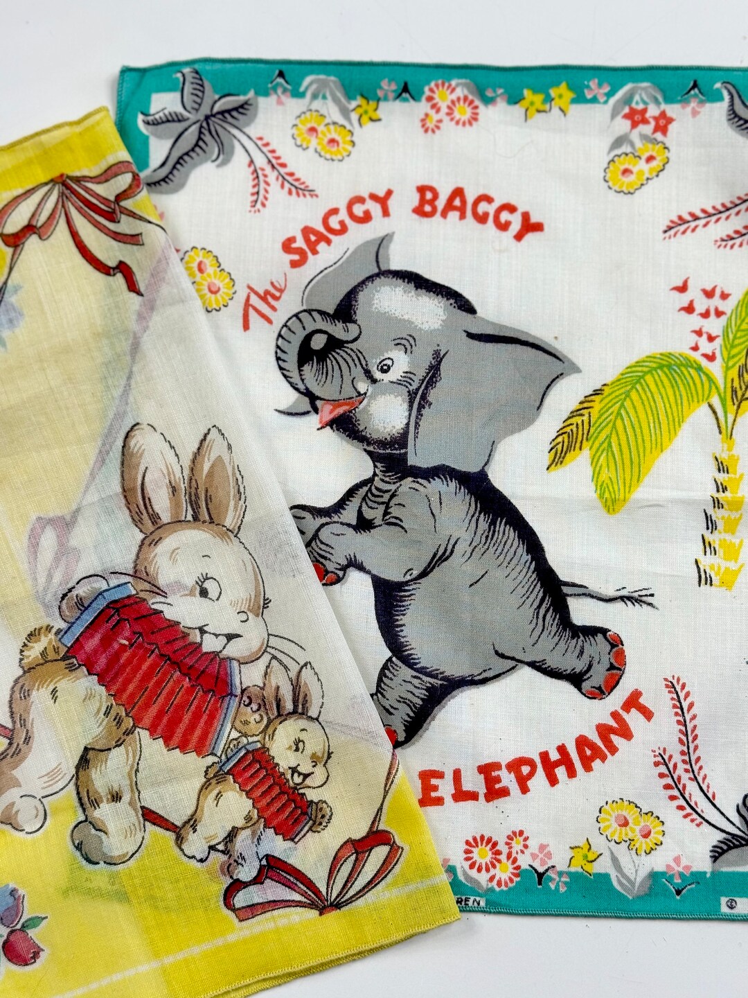 Vintage Childrens Handkerchief Pair Saggy Baggy Elephant Rabbit Bunny ...