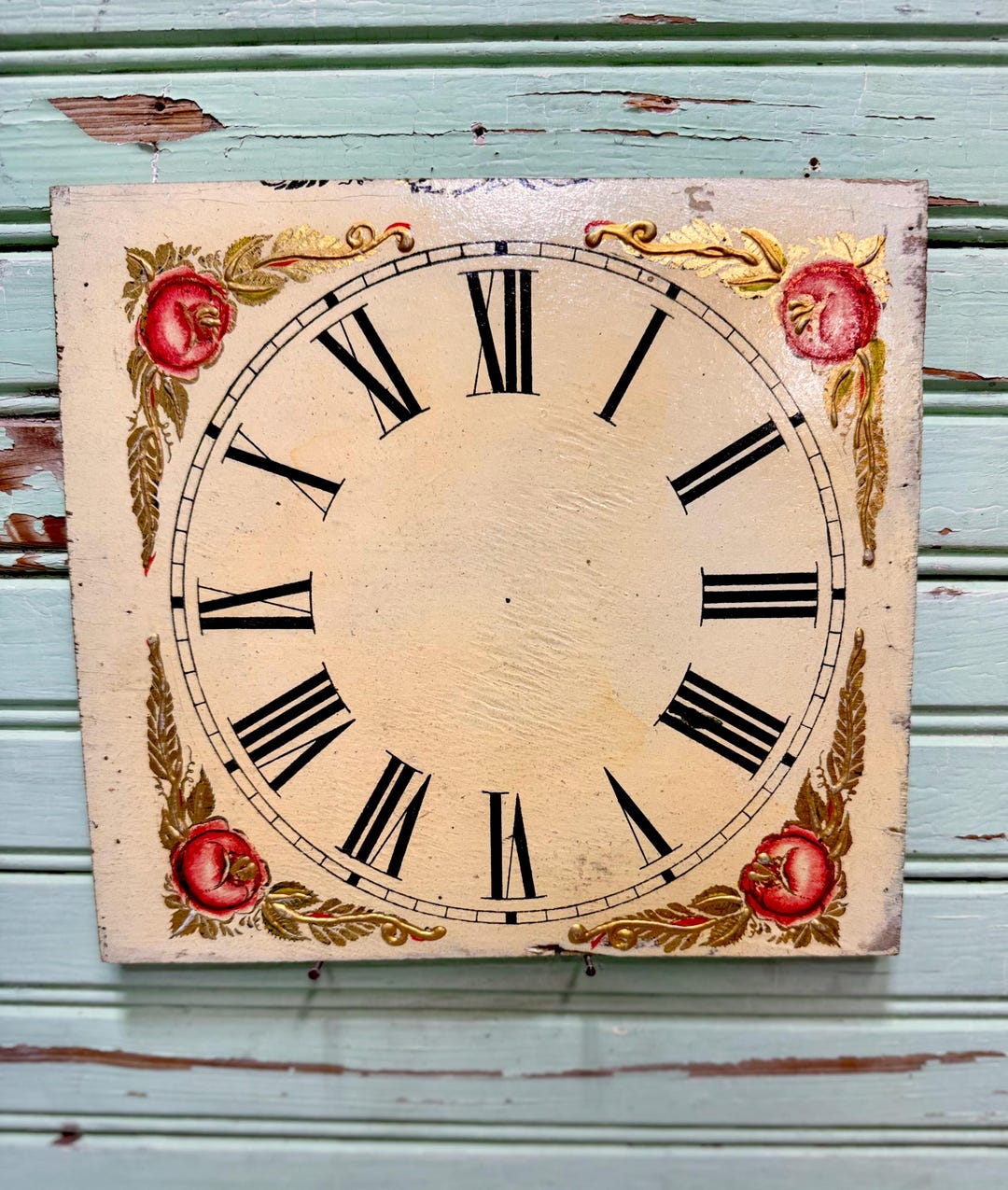 Antique Clock Face Hand Painted Stamped Folk Art Flowers Rustic ...