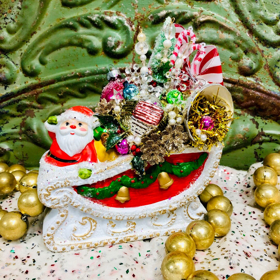 Vintage Christmas Sleigh Enesco Santa Shiny Brite Ornament Decor ...