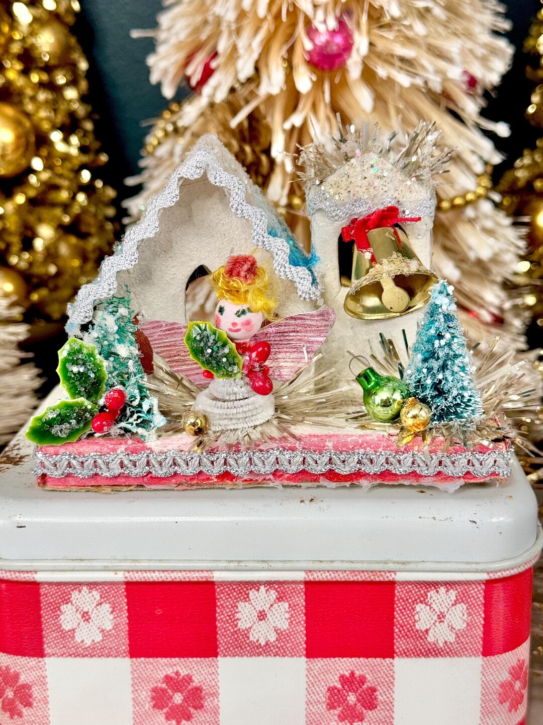 Vintage Putz Church Christmas Decoration With Spun Cotton Angel - Etsy