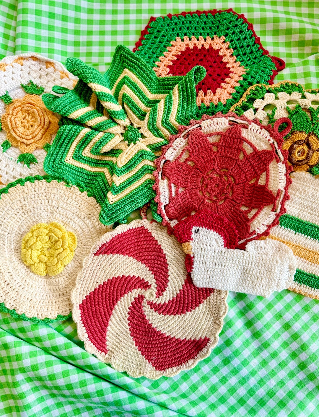 Vintage Hot Pad Lot of 10 Handmade Crocheted Red White Yellow Green - Etsy