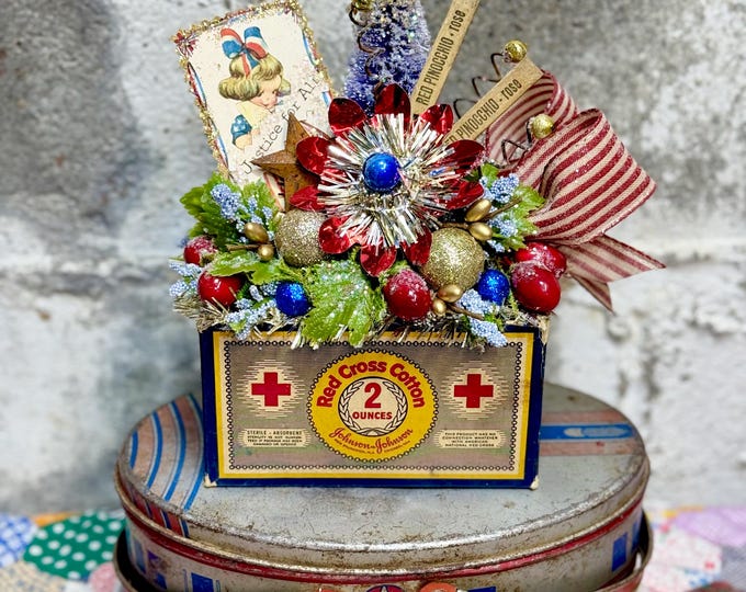 Red Cross Cotton Box Americana Patriotic Vintage Red White Blue Decor ...
