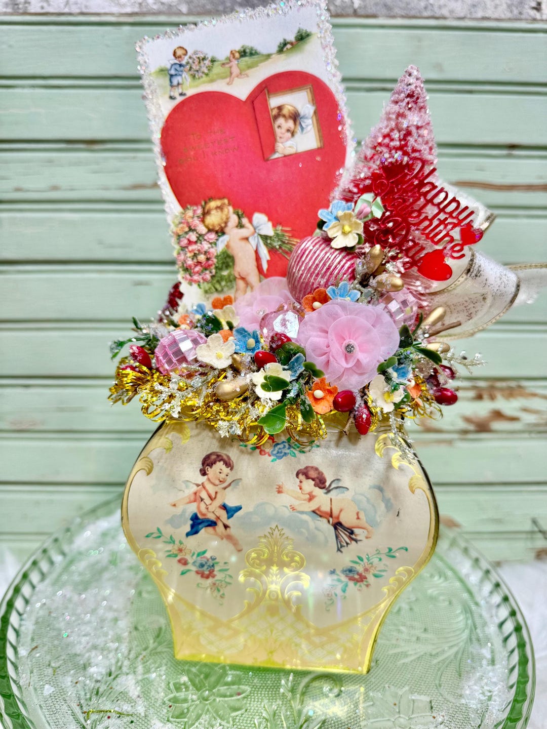 Vintage Valentine Ginger Jar Tin With Cupid & Antique Postcard - Etsy