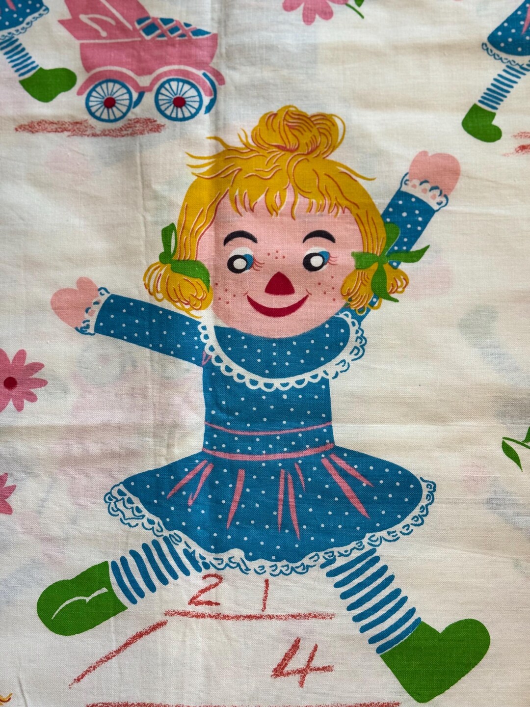 Vintage Raggedy Ann Mrs. Beezley Fabric Pink Blue Yellow Unused Mid ...