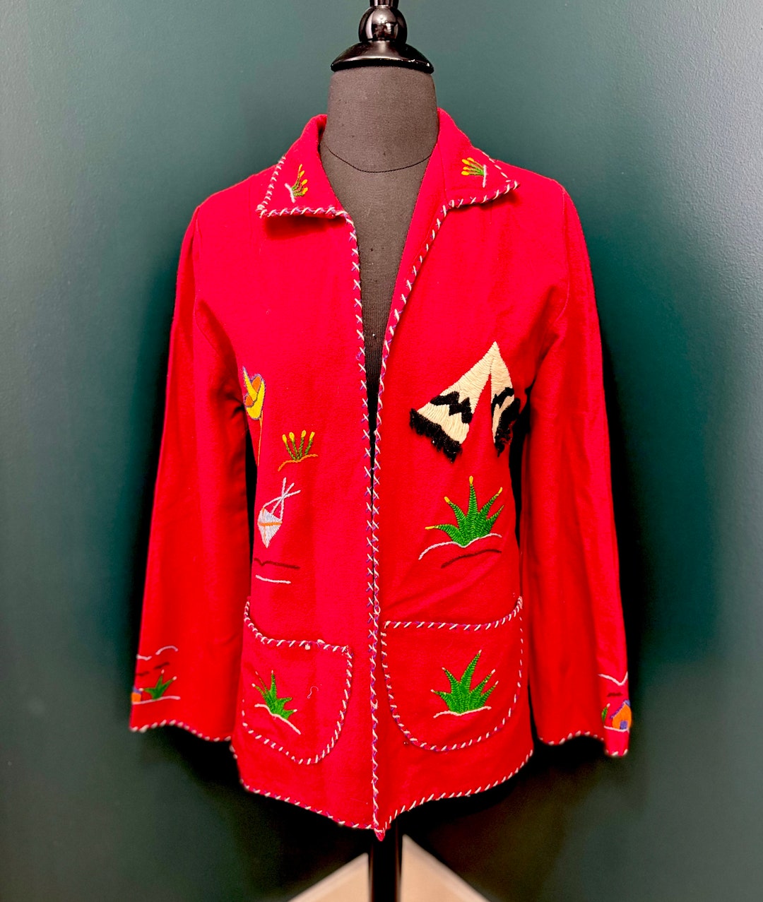 Vintage Red Embroidered Wool Jacket Mexican 40s 50s Mid Century ...