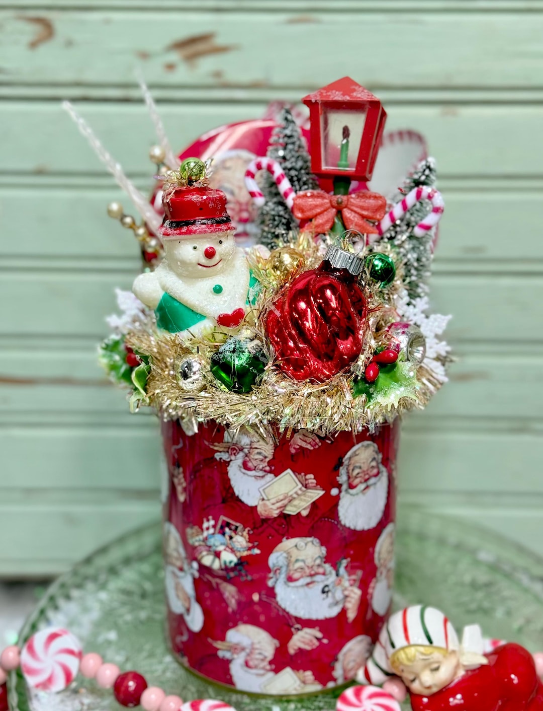 Vintage Christmas Centerpiece Bottle Beush Tree Blow Mold Snowman Shiny ...