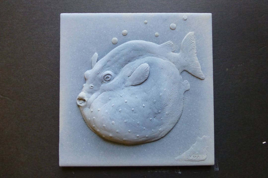 Puffer Fish Concrete Bas Relief Tile, Small Sculpture - Etsy