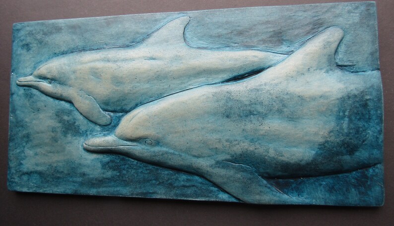 Concrete Bas Relief Dolphin Pair Art Tile - Etsy