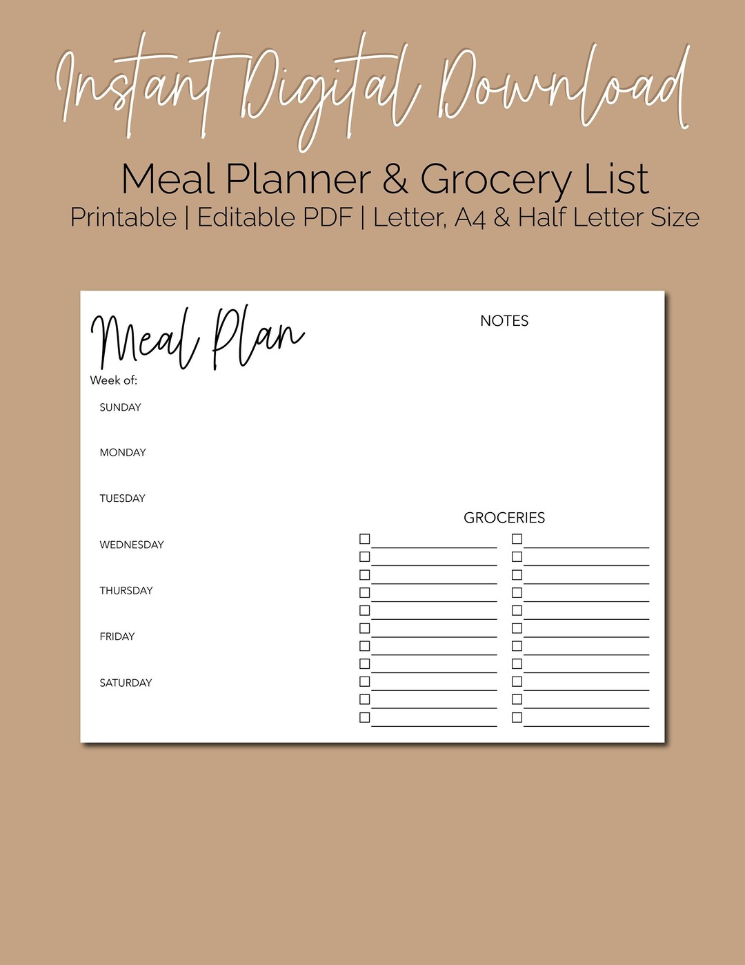 Digital Meal Planner. Printable Grocery List. Editable Meal Planner ...