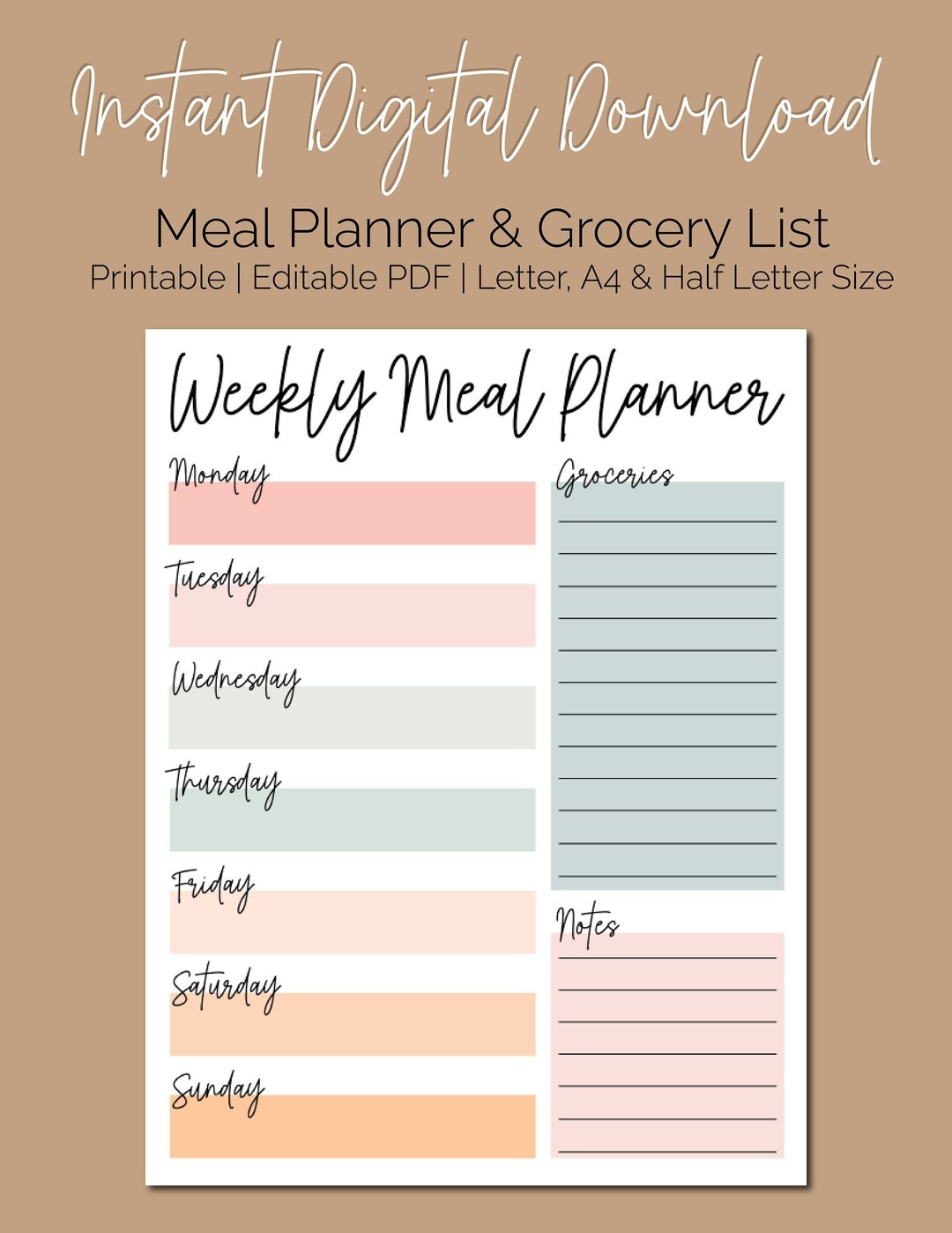 Digital Meal Planner. Printable Grocery List. Editable Meal Planner ...