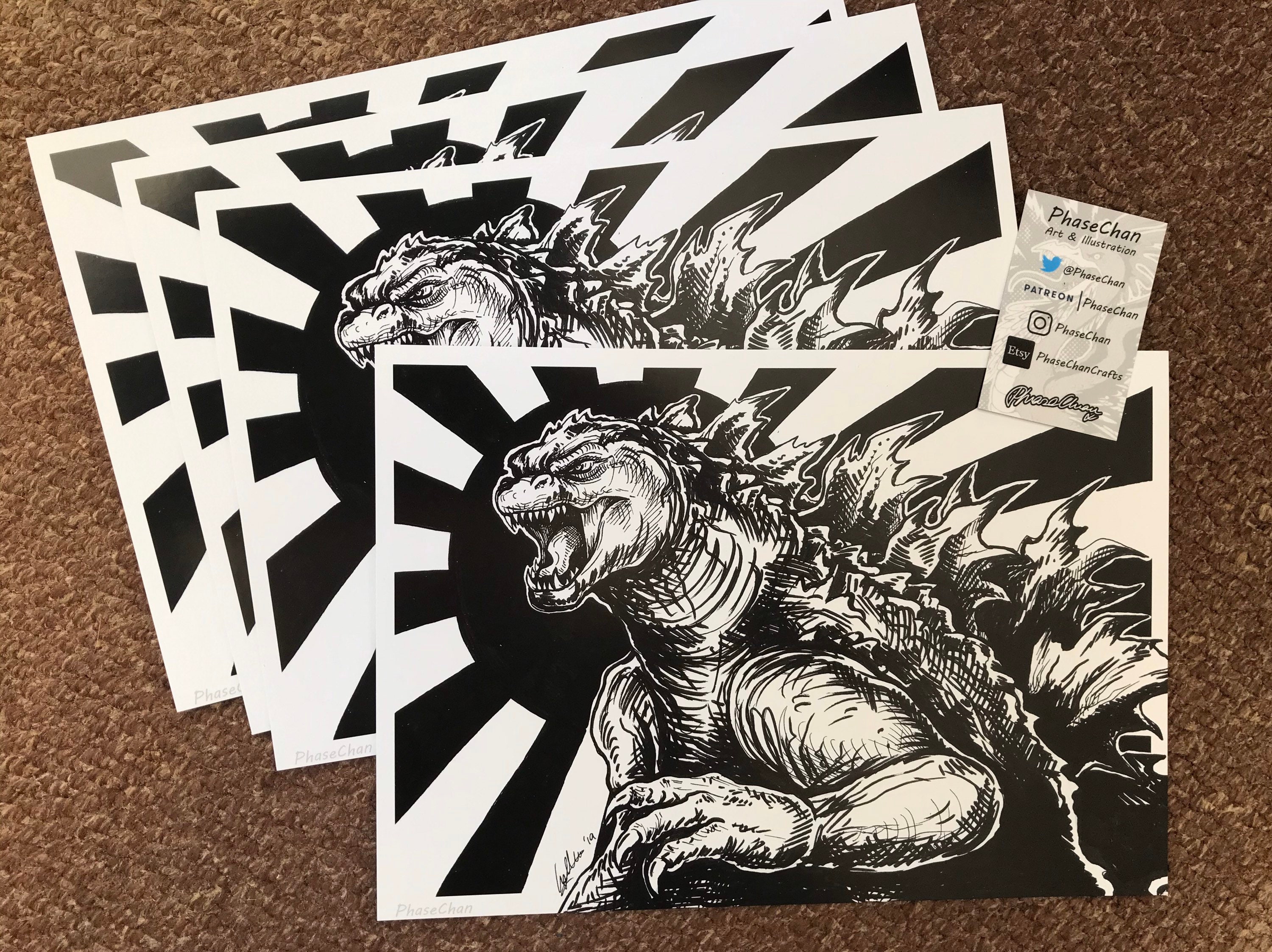GODZILLA Pen and Ink Original A4 Art Print Phasechan - Etsy UK