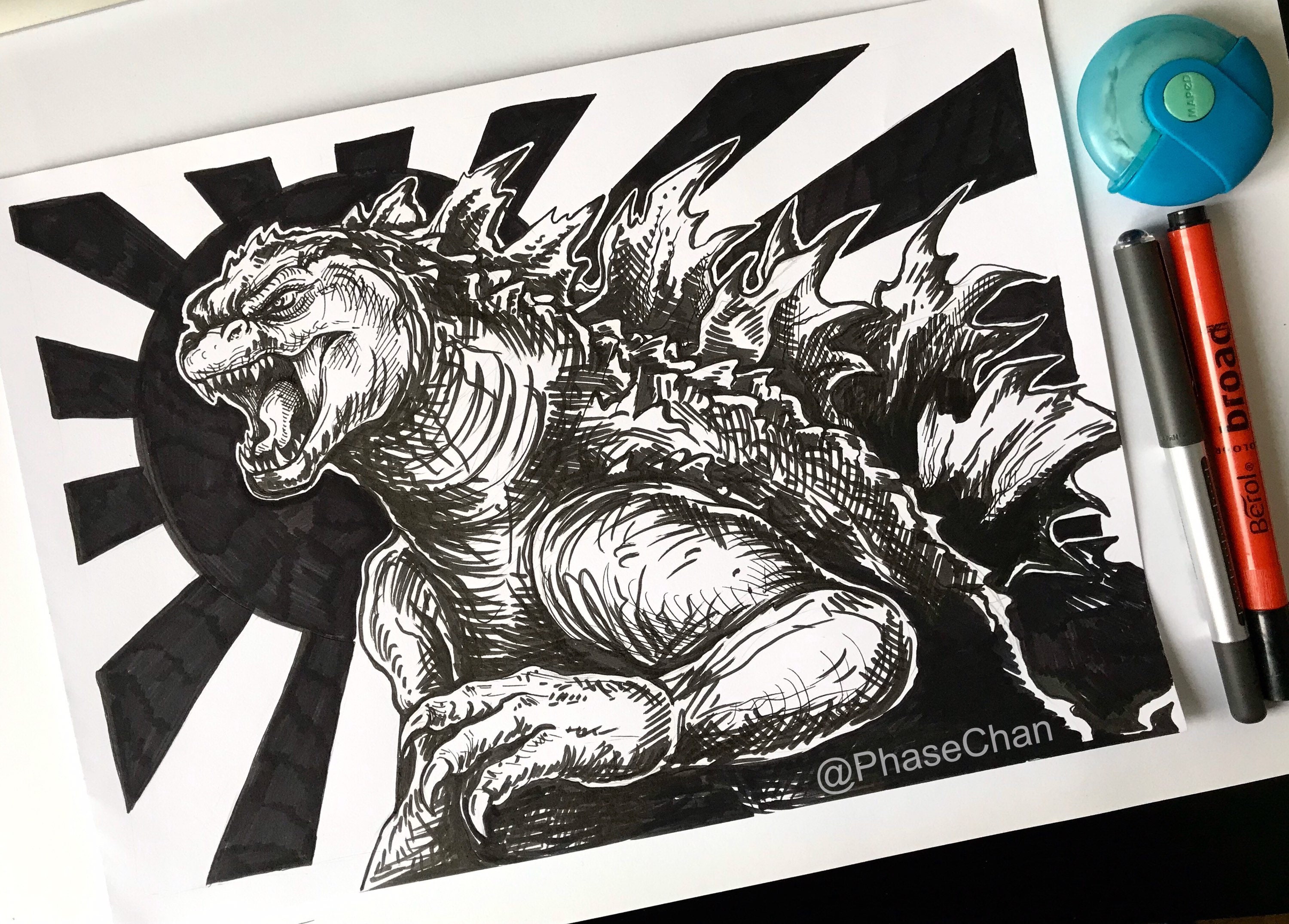 GODZILLA Pen and Ink Original A4 Art Print Phasechan - Etsy UK