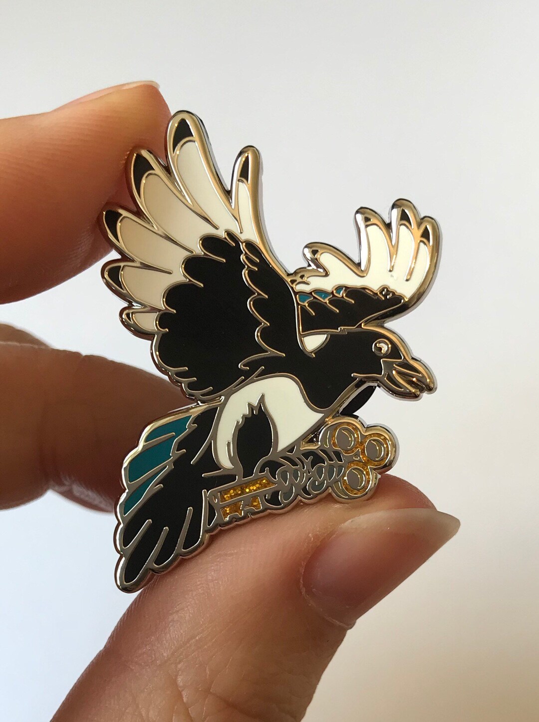 Magpie & Key Silver Hard Enamel Pin, Bird Pin Badge, Bird Pin, Birb ...