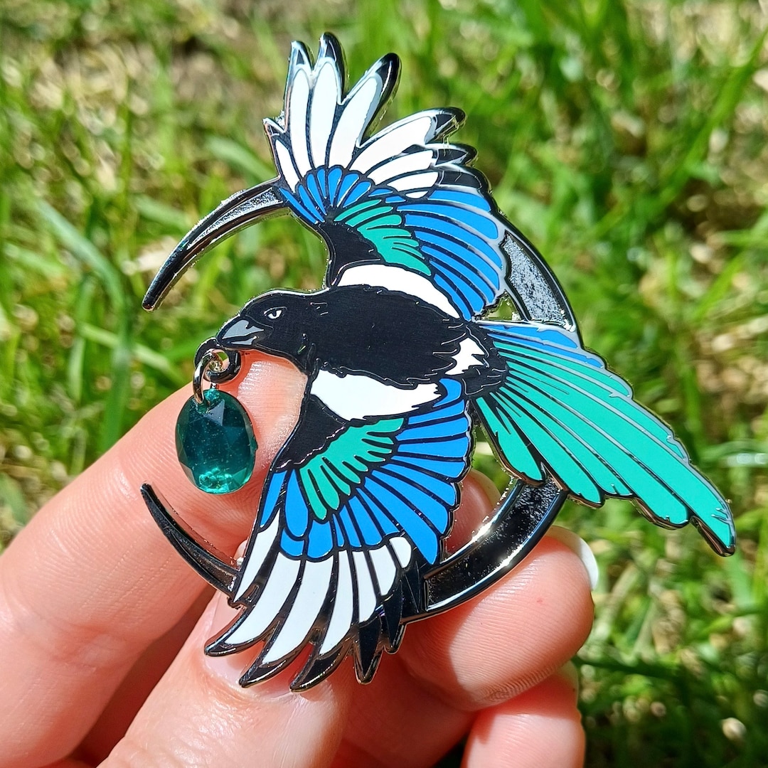 XL Silver Flying Magpie Pin Badge: Crescent Moon & Green Gem - Etsy