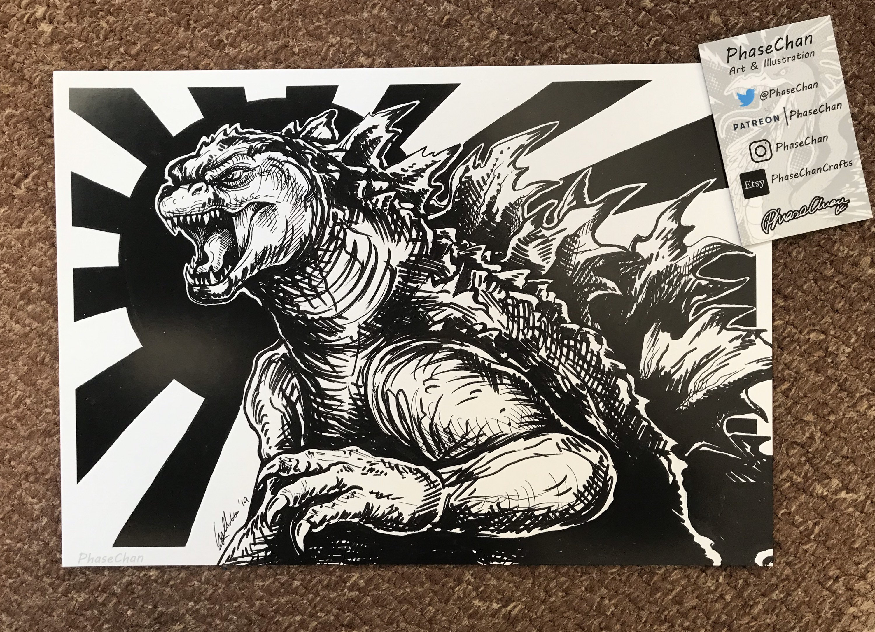 GODZILLA Pen and Ink Original A4 Art Print Phasechan - Etsy UK