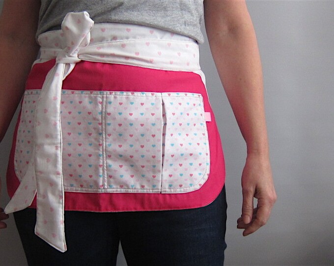 Cafe Apron, Hip Apron, Half Apron With Pockets - Pink Heart on Fuchsia ...