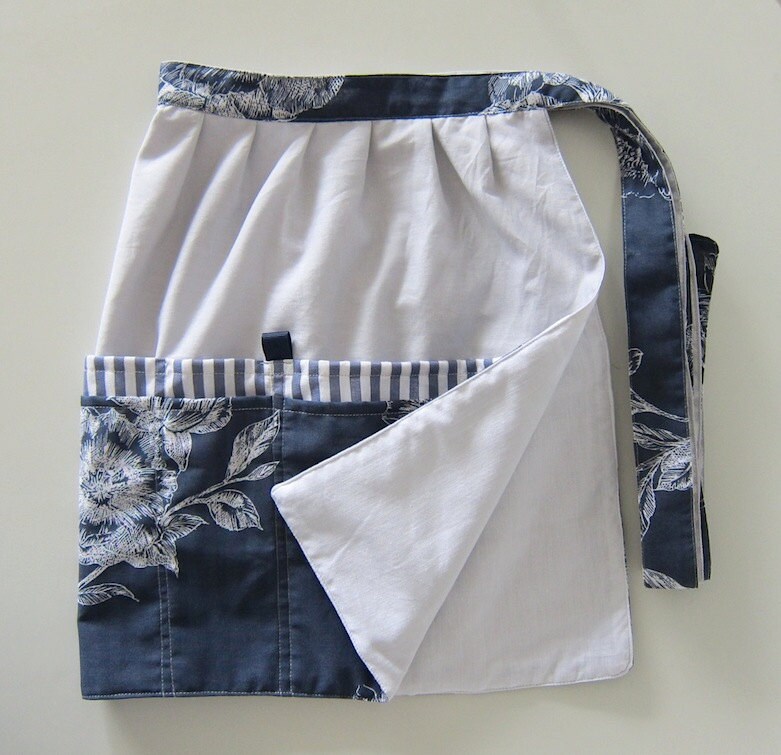 Cafe Apron, Hip Apron, Half Apron With Pockets - French Navy, White and ...