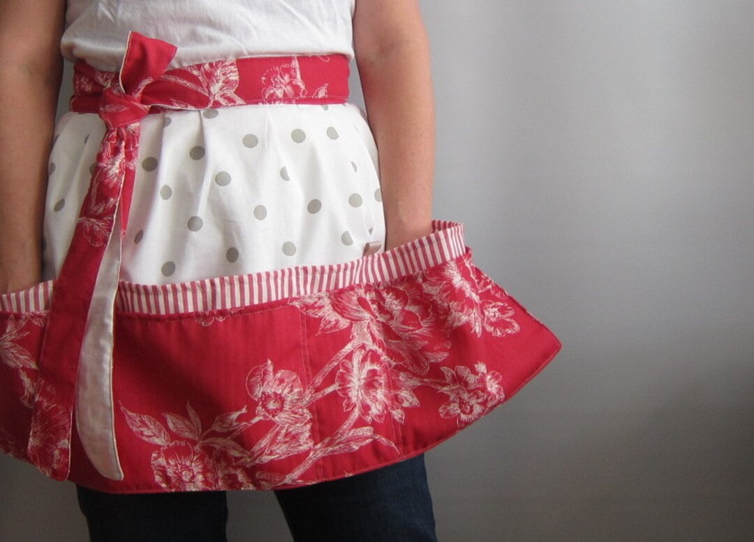 Cafe Apron, Hip Apron, Half Apron With Pockets - French Red and Cream ...
