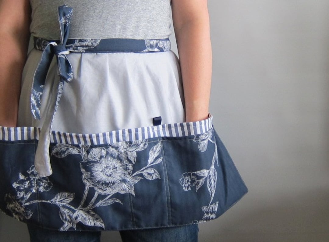 Cafe Apron, Hip Apron, Half Apron With Pockets - French Navy, White and ...