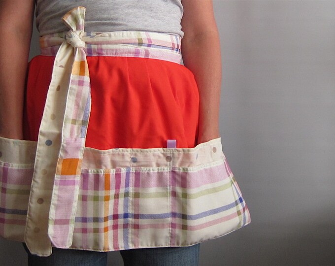 Cafe Apron, Hip Apron, Half Apron With Pockets - Orange, Plaid and ...