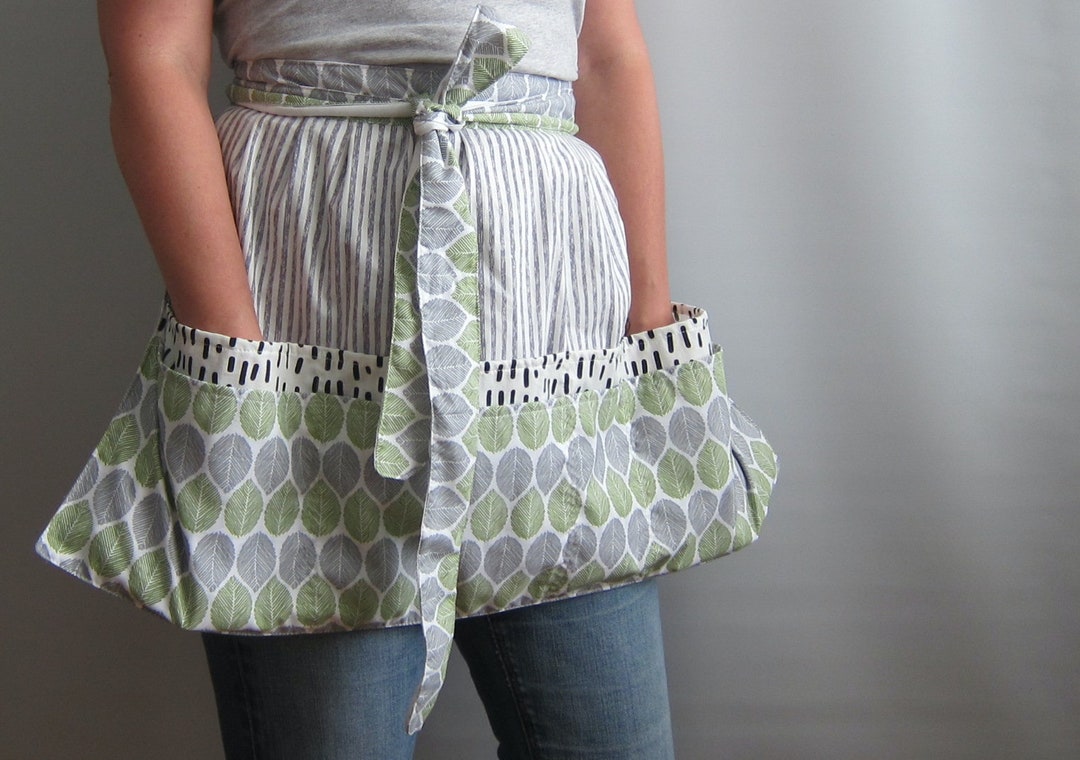 Cafe Apron, Hip Apron, Half Apron With Pockets - Green and Grey Birch ...