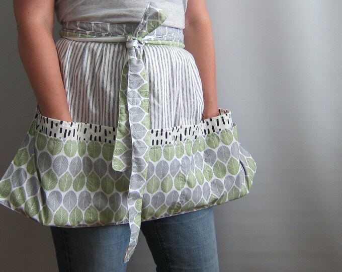 Cafe Apron, Hip Apron, Half Apron With Pockets - Green and Grey Birch ...