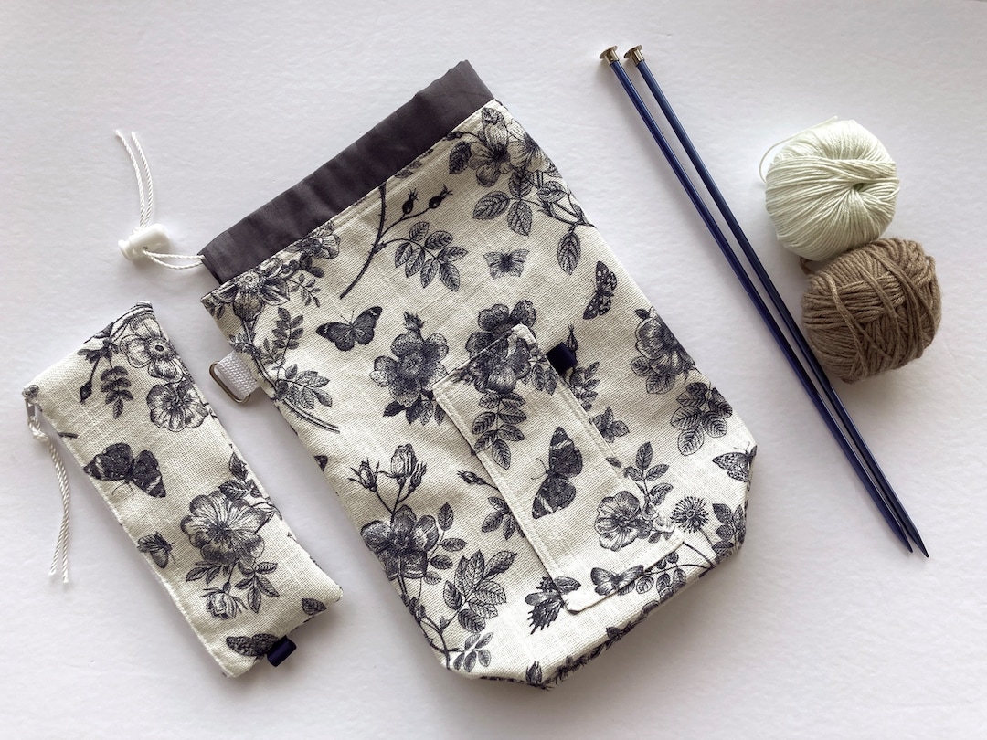 Set of 2 - Drawstring Spindle Bag + Matching Case, Knitter Bag, Yarn ...