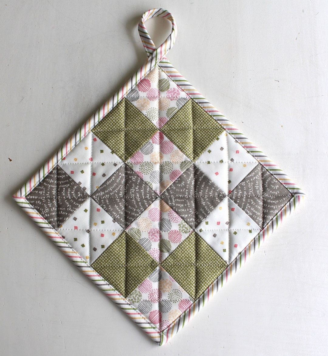 Quilted Patchwork Hot Pad, Gray, Green and Pink Patchwork Pot Holder, 8 ...