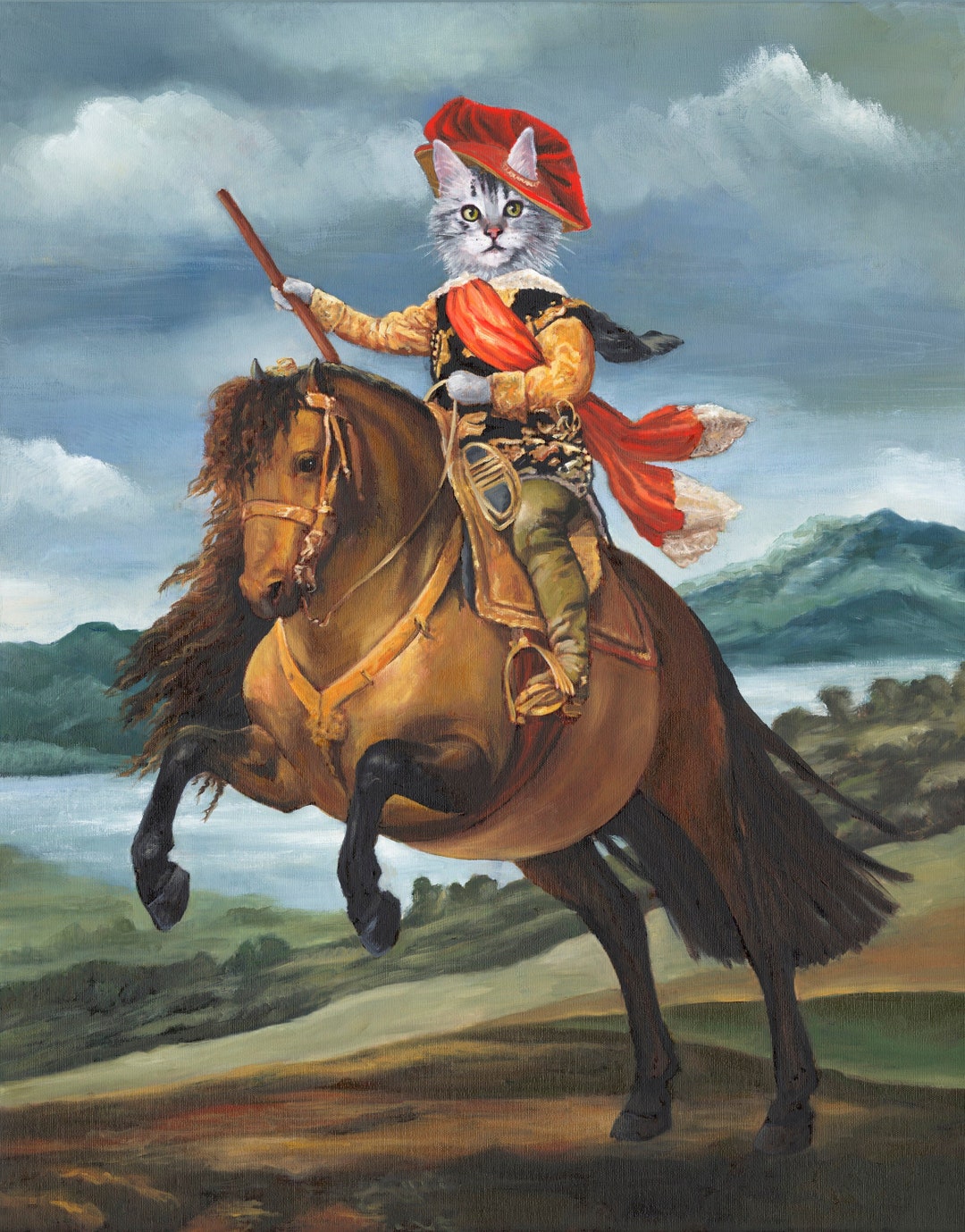 Pony Cat Original Painting, Oil on Canvas, Cat Riding Horse, Cats in ...