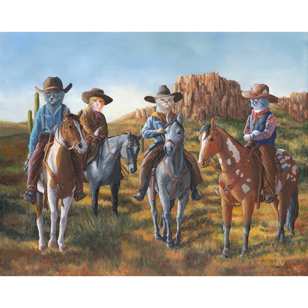 Whimsical Cowboy Cats Western Art Canvas Print: Funny Horse Riding ...