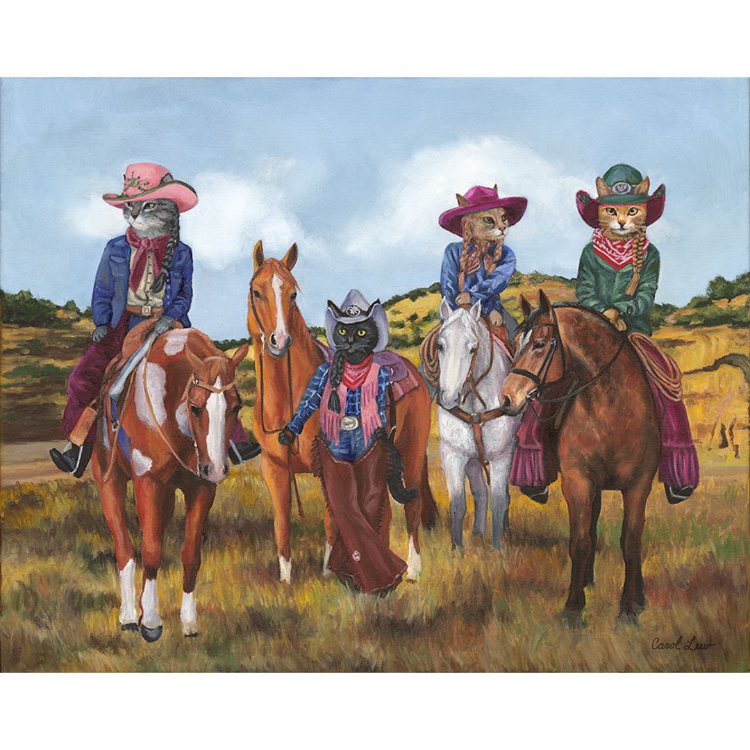 Cowgirl Cats, Western Horse and Rider Cowboy Art, Crazy Cat Ladies ...