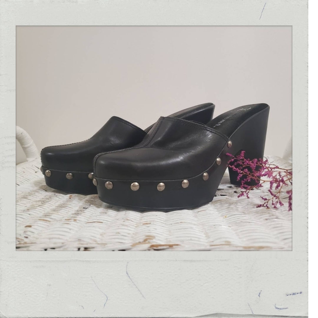 Vintage Black Studded Clogs Biker Moto Goth Grunge Platform Thick Heel ...